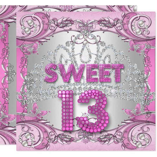 Sweet 13 13th Pink Silver Tiara Birthday Party 2 Invitation | Zazzle.com
