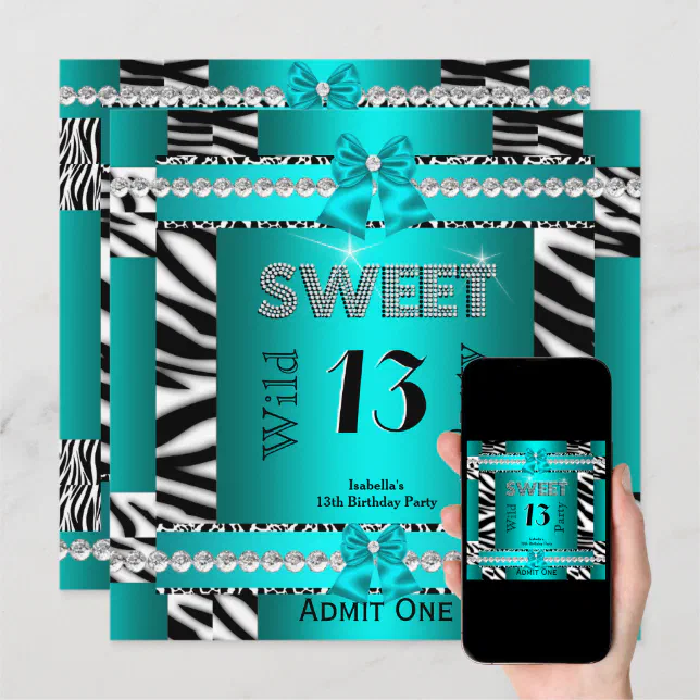 Sweet 13 Fun Party Zebra Teal Blue Ticket 3S Invitation | Zazzle