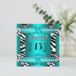 Sweet 13 Fun Party Zebra Teal Blue Ticket 3S Invitation | Zazzle