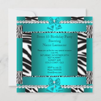 Sweet 13 Fun Party Zebra Teal Blue Ticket 3S Invitation | Zazzle