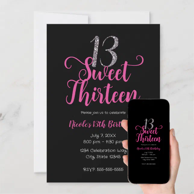 Sweet 13 Pink & Black Thirteenth Birthday Party Invitation | Zazzle