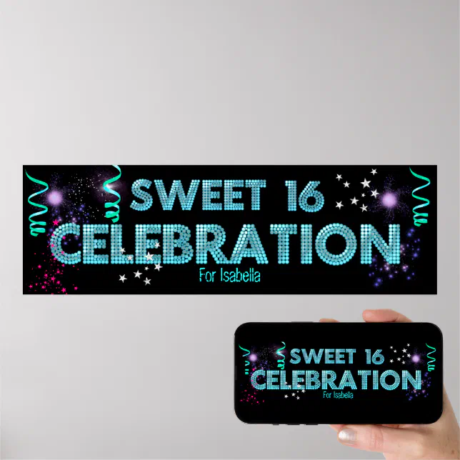 Sweet 16 Banner Poster Teal Blue | Zazzle