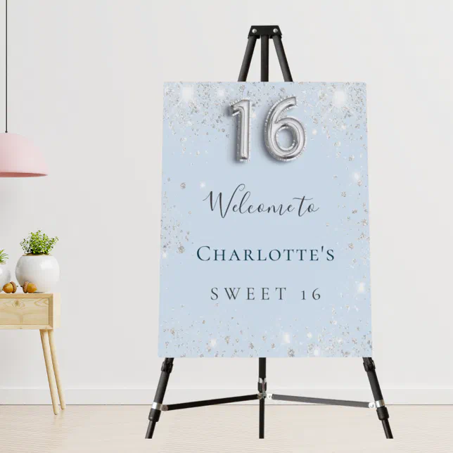 Sweet 16 birthday baby blue silver glitter welcome foam board | Zazzle