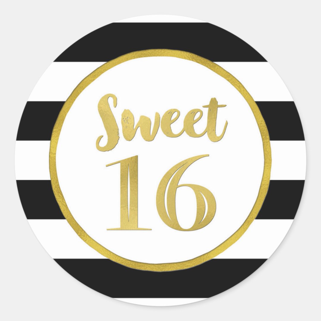 Sweet 16 Birthday Black Stripes Gold Classic Round Sticker | Zazzle
