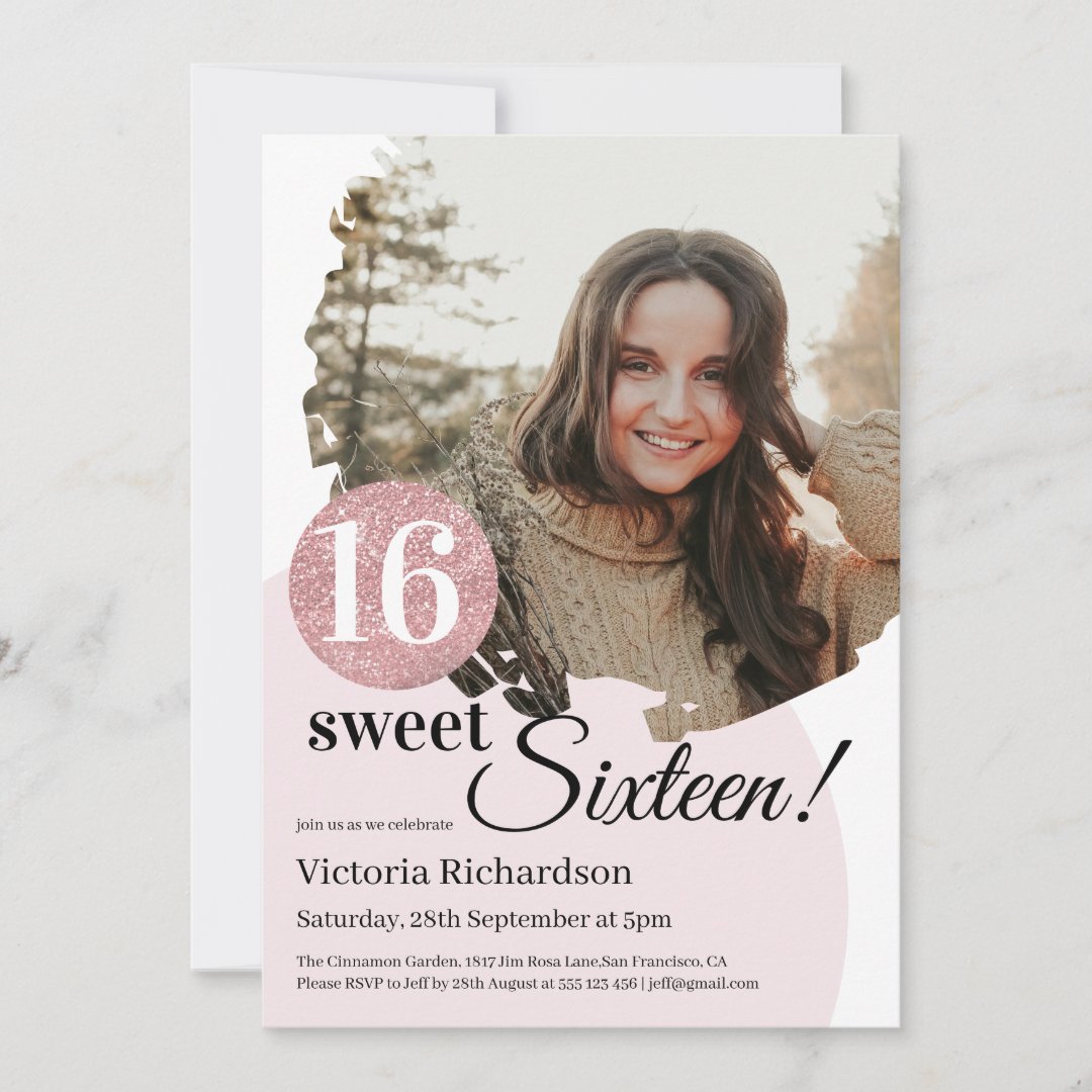Sweet 16 Birthday Modern Pink Glitter Custom Photo Invitation | Zazzle