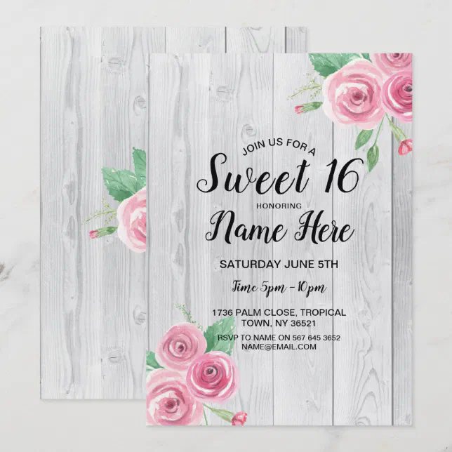 Sweet 16 Birthday Party Flower Wood Pink Roses Invitation | Zazzle