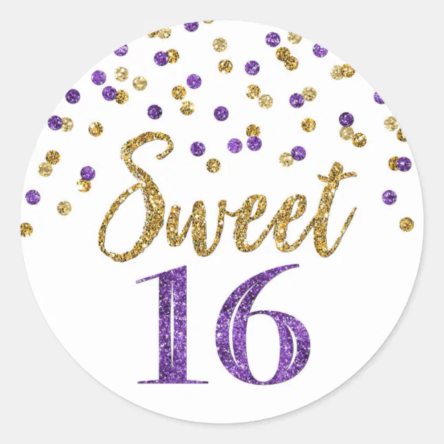 Sweet 16 Birthday Purple Gold Confetti Classic Round Sticker | Zazzle