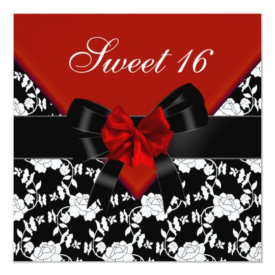 Sweet 16 Birthday Red Black White Floral Bow Invitation | Zazzle.com