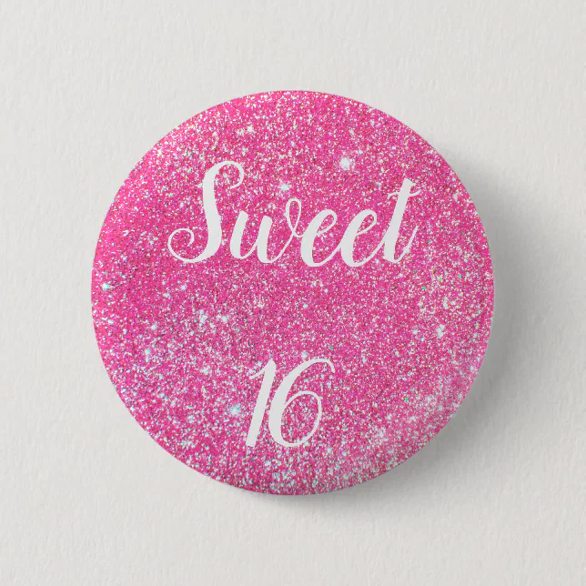 SWEET 16 Birthday Sparkle Hot Pink Glitter Button | Zazzle