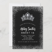 Sweet 16 Black Silver Glitter Diamond Tiara Invitation | Zazzle