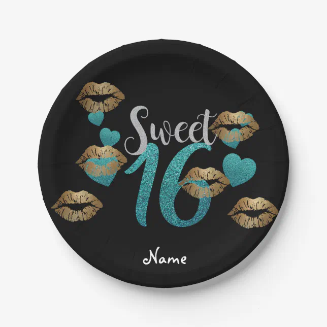 Sweet 16 Black Turquoise Gold Glitter Custom Paper Plates | Zazzle
