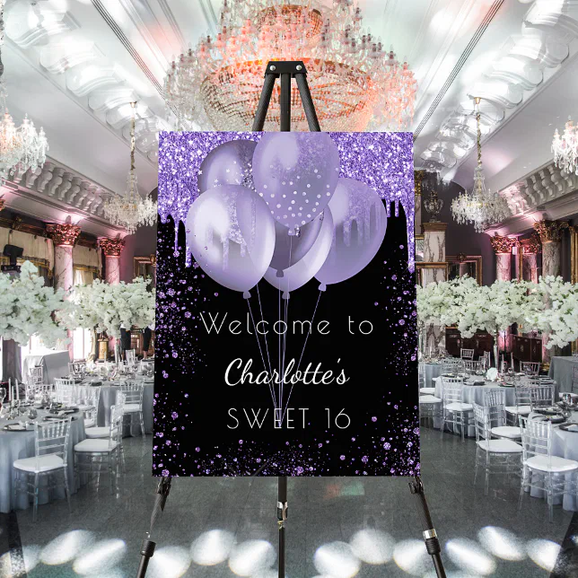 Sweet 16 black violet glitter welcome balloons foam board | Zazzle