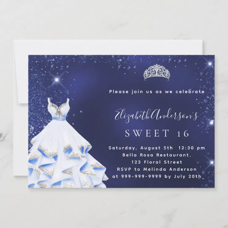 Sweet 16 blue silver glitter dress tiara invitation | Zazzle