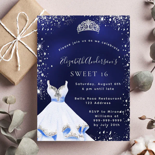 Sweet 16 blue silver glitter dress tiara party invitation | Zazzle