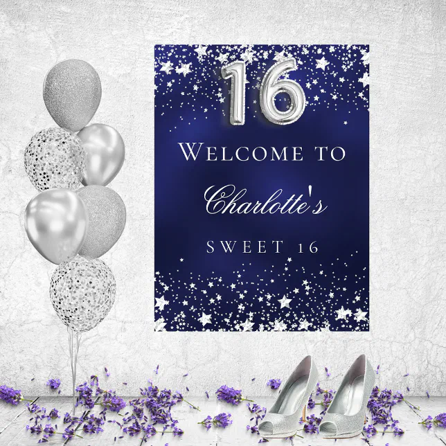 Sweet 16 blue silver stars welcome party poster | Zazzle