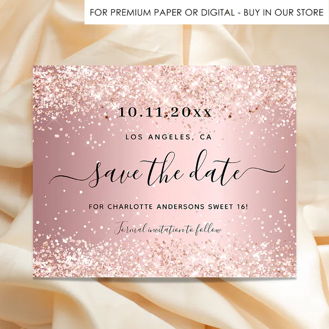 Sweet 16 blush pink glitter budget save the date flyer | Zazzle