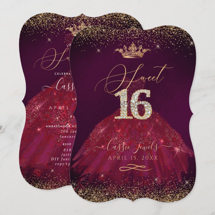 Sweet 16 Burgundy Gold Confetti+Princess Crown Invitation | Zazzle