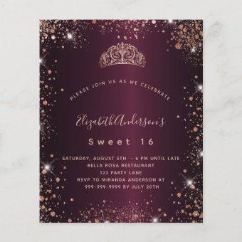 Sweet 16 burgundy rose tiara budget invitation flyer | Zazzle