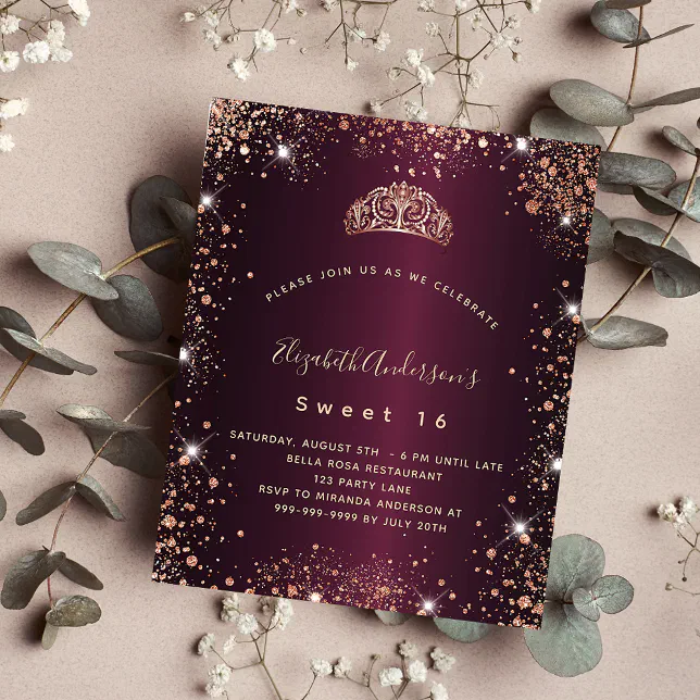 Sweet 16 burgundy rose tiara budget invitation flyer | Zazzle