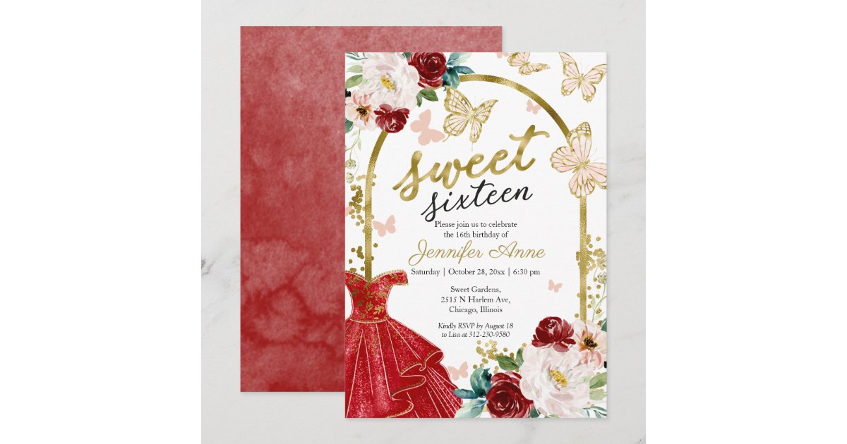 Sweet 16 Floral Red Dress Butterfly Invitation | Zazzle