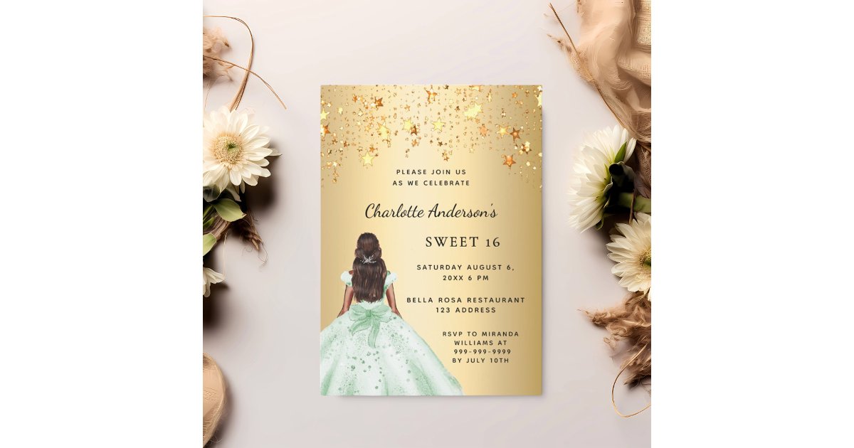 Sweet 16 greeb gold dress stars invitation | Zazzle