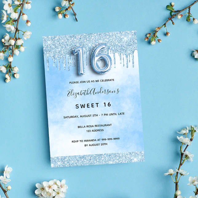 Sweet 16 light blue glitter drips elegant invitation | Zazzle