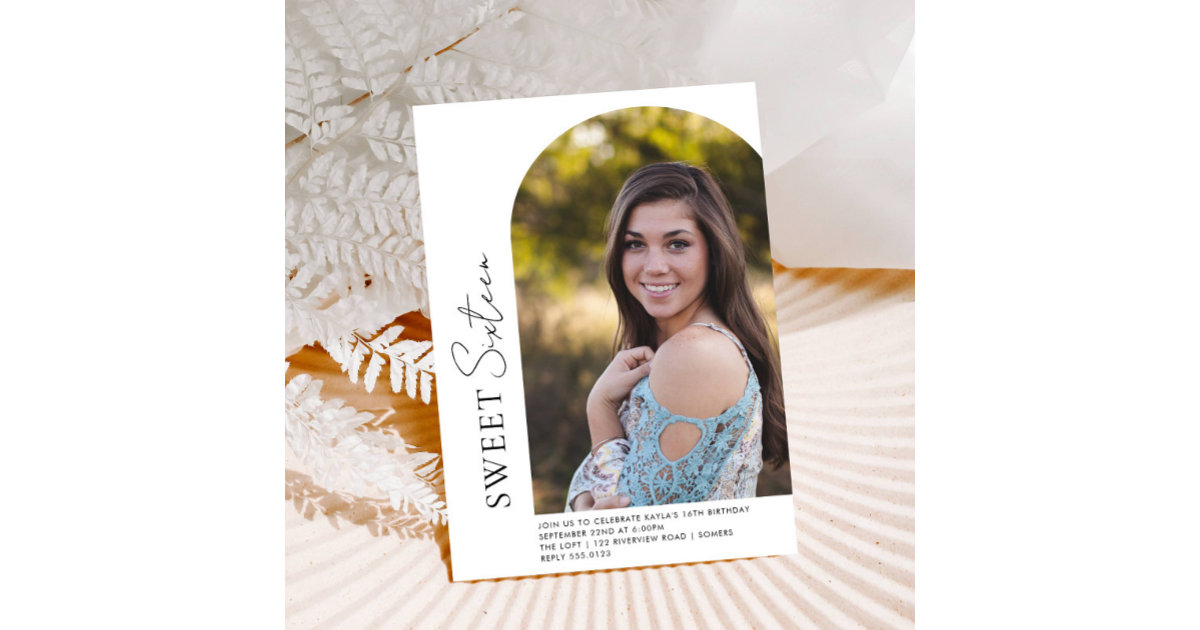 Sweet 16 Minimalist Arch Off Center Photo Invitation | Zazzle