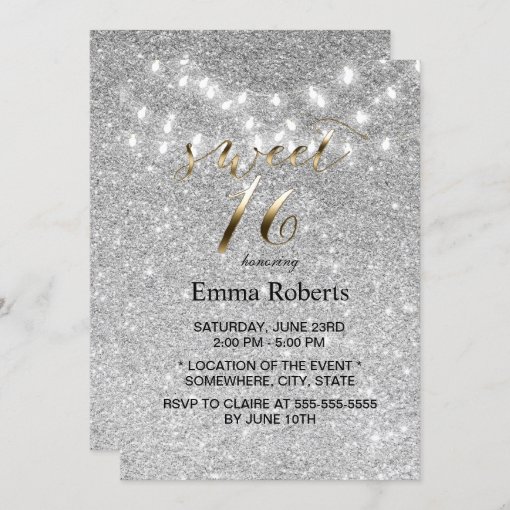 Sweet 16 Modern Silver Glitter String Lights Invitation | Zazzle