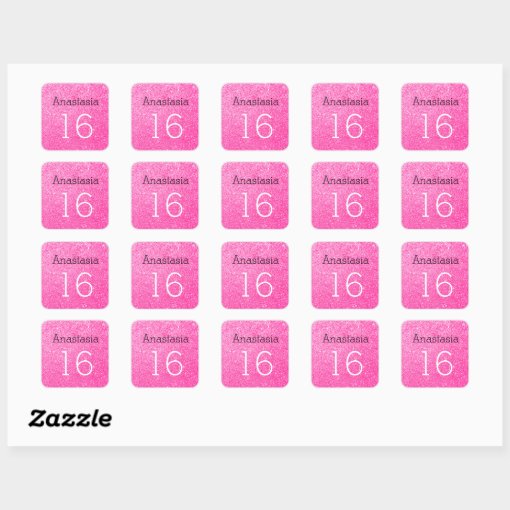 Sweet 16 Name Age Black & Hot Pink Glitter Sparkle Square Sticker | Zazzle