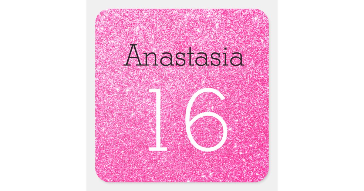 Sweet 16 Name Age Black & Hot Pink Glitter Sparkle Square Sticker | Zazzle