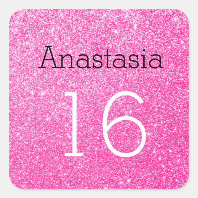 Sweet 16 Name Age Black & Hot Pink Glitter Sparkle Square Sticker | Zazzle