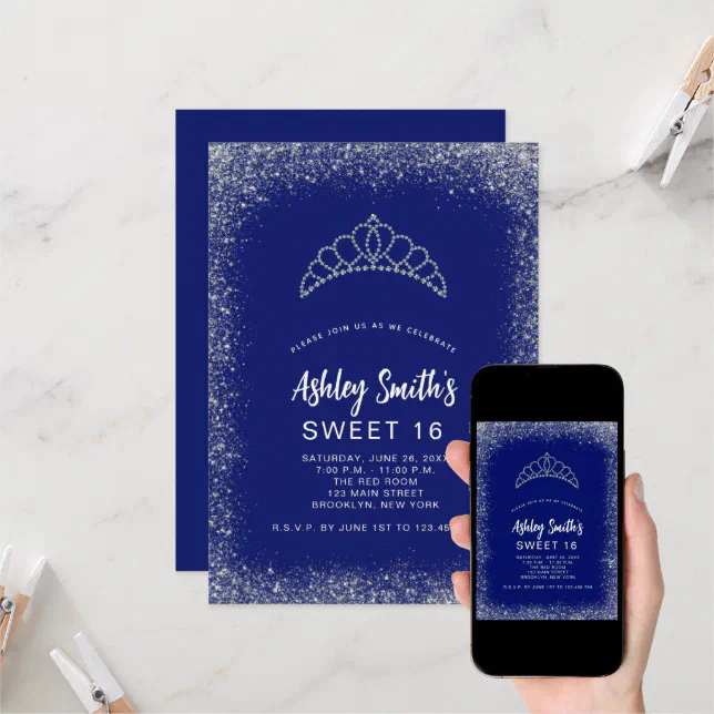 Sweet 16 Navy Blue Silver Glitter Diamond Tiara Invitation | Zazzle