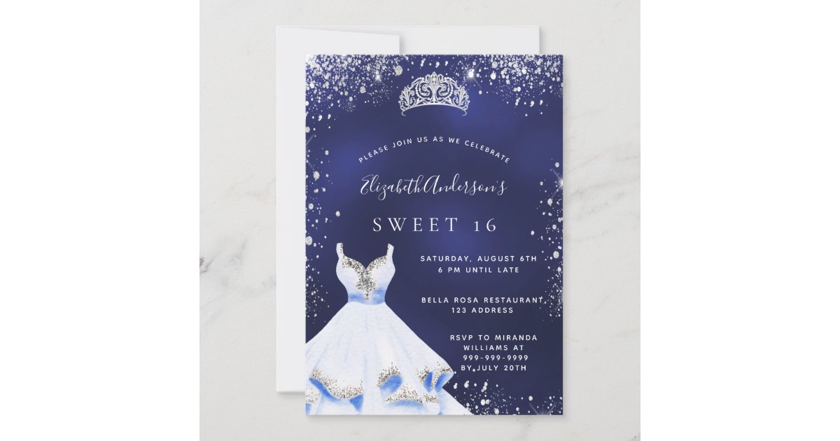 Sweet 16 navy blue silver glitter dress tiara invitation | Zazzle