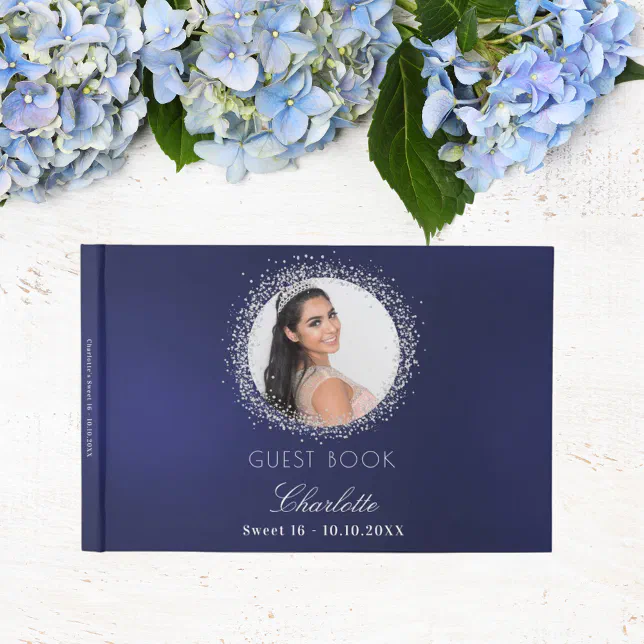 Sweet 16 navy blue silver photo glamorous guest book | Zazzle