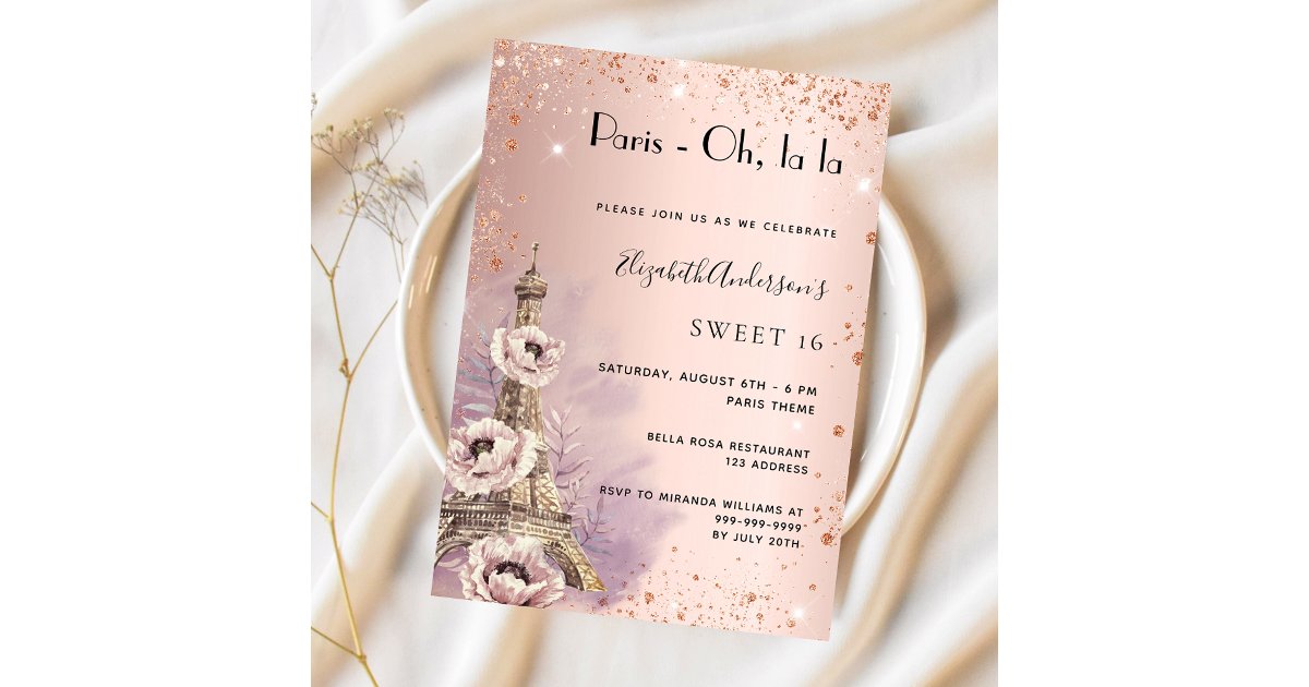 Sweet 16 Paris rose gold Eiffel tower Invitation | Zazzle