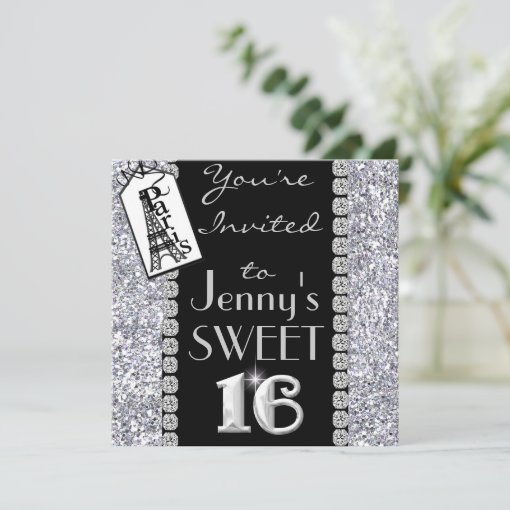 SWEET 16 Paris Theme Bling Party Invitation | Zazzle