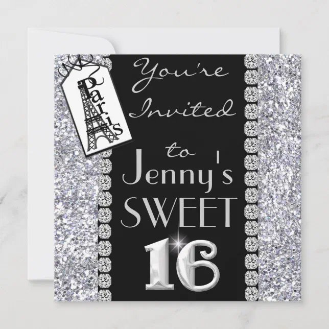 SWEET 16 Paris Theme Bling Party Invitation | Zazzle