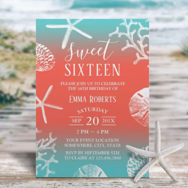 Sweet 16 Party Beach Coral Reef Starfish Invitation | Zazzle