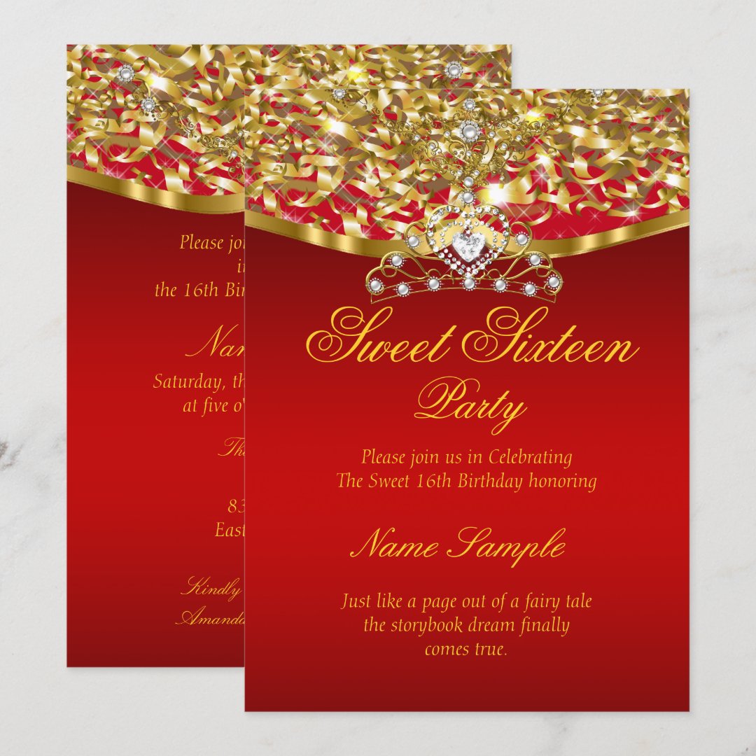 Sweet 16 Party Glitter Red Gold Invitation | Zazzle
