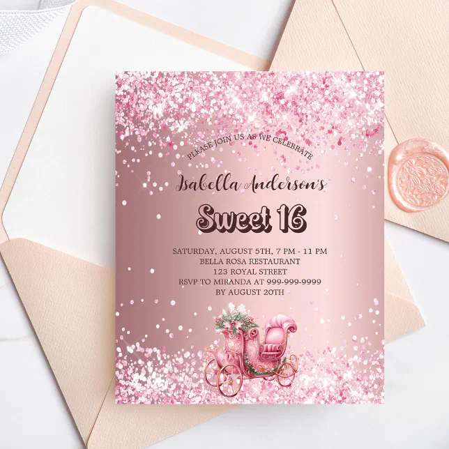 Sweet 16 pink carriage budget invitation | Zazzle