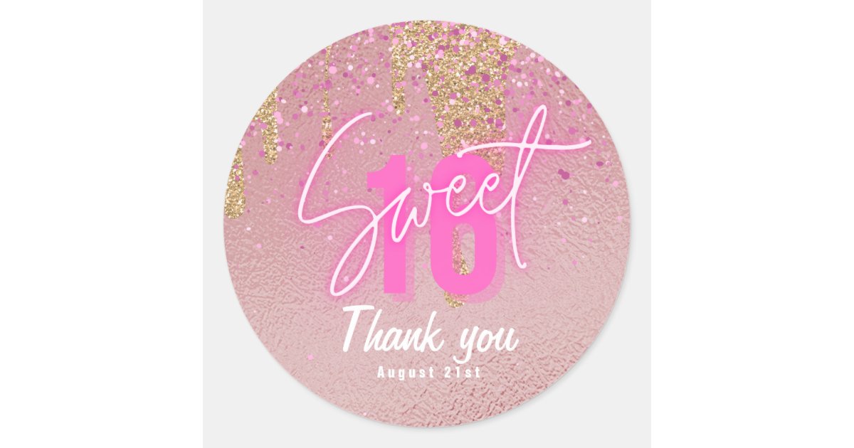 Sweet 16 Pink Glitter Foil Girly Modern Rose Gold Classic Round Sticker ...
