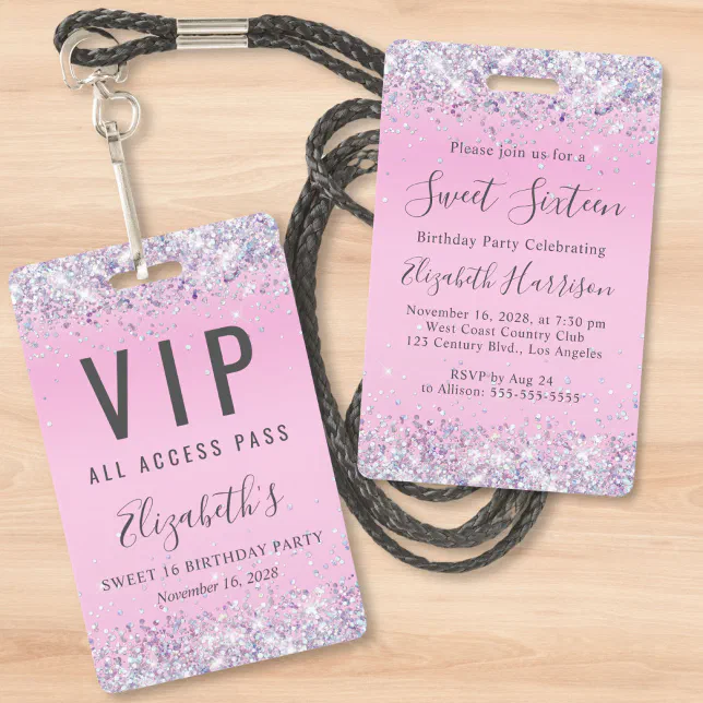 Sweet 16 Pink Glitter VIP Pass Birthday Party Badge | Zazzle