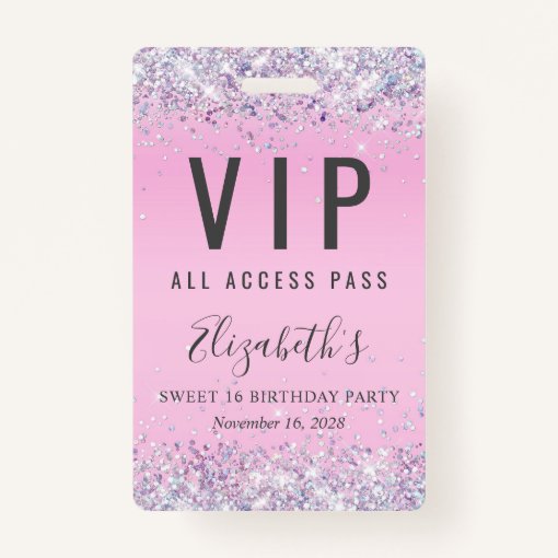 Sweet 16 Pink Glitter VIP Pass Birthday Party Badge | Zazzle