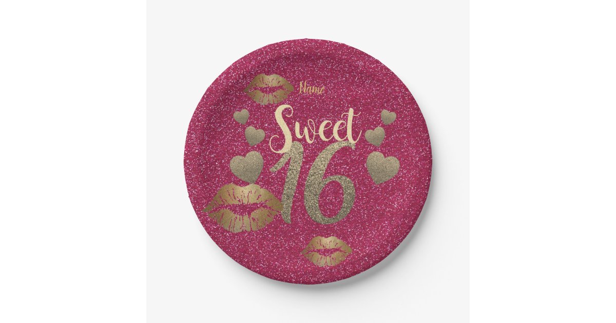 Sweet 16 Pink GOLD Glitter Lips Personalized Paper Plates | Zazzle