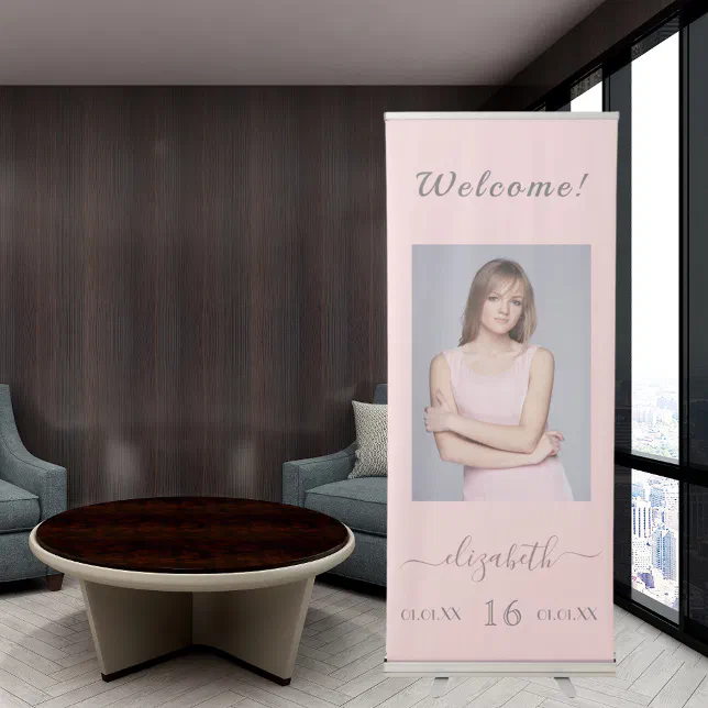Sweet 16 pink photo party welcome retractable banner | Zazzle