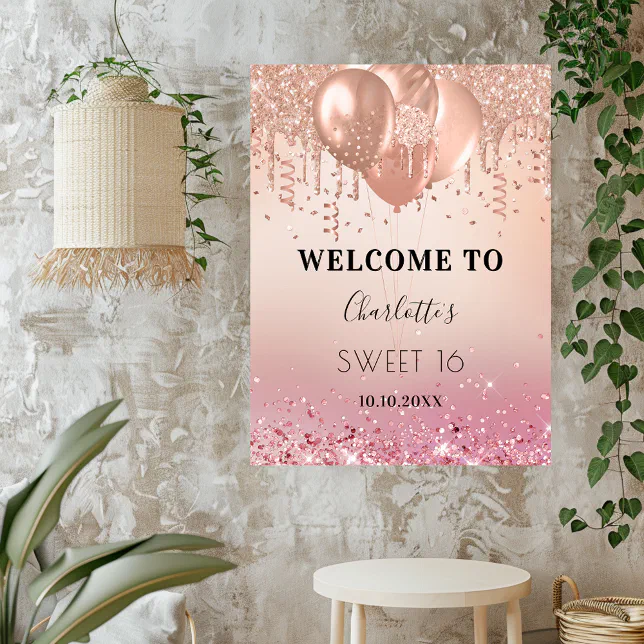 Sweet 16 pink rose gold pink balloons welcome poster | Zazzle