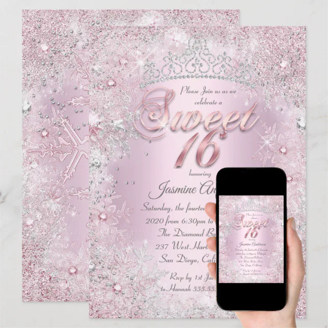 Sweet 16 Pink Silver Winter Wonderland Tiara Invitation | Zazzle
