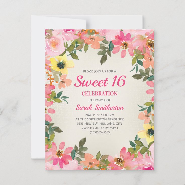 Sweet 16 Pink Yellow Watercolor Flowers Invitation Zazzle