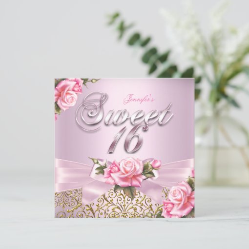 Sweet 16 Pretty Pink Rose Bow Birthday Party Invitation | Zazzle