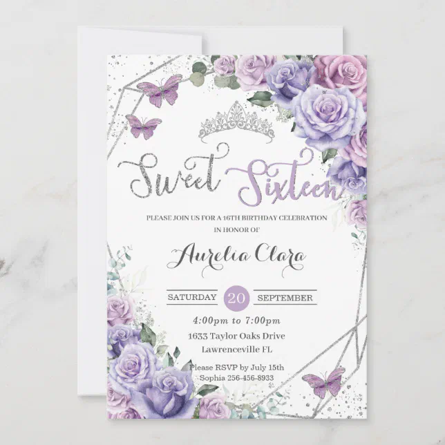 Sweet 16 Purple Floral 16th Birthday Butterflies Invitation | Zazzle